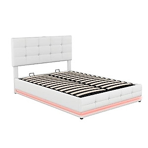 BIADNBZ Full Size Tufted Upholstered Platform Bed with Hydraulic Storage System, Lift Up Storage Bedframe w/LED Lights and USB Charger, White