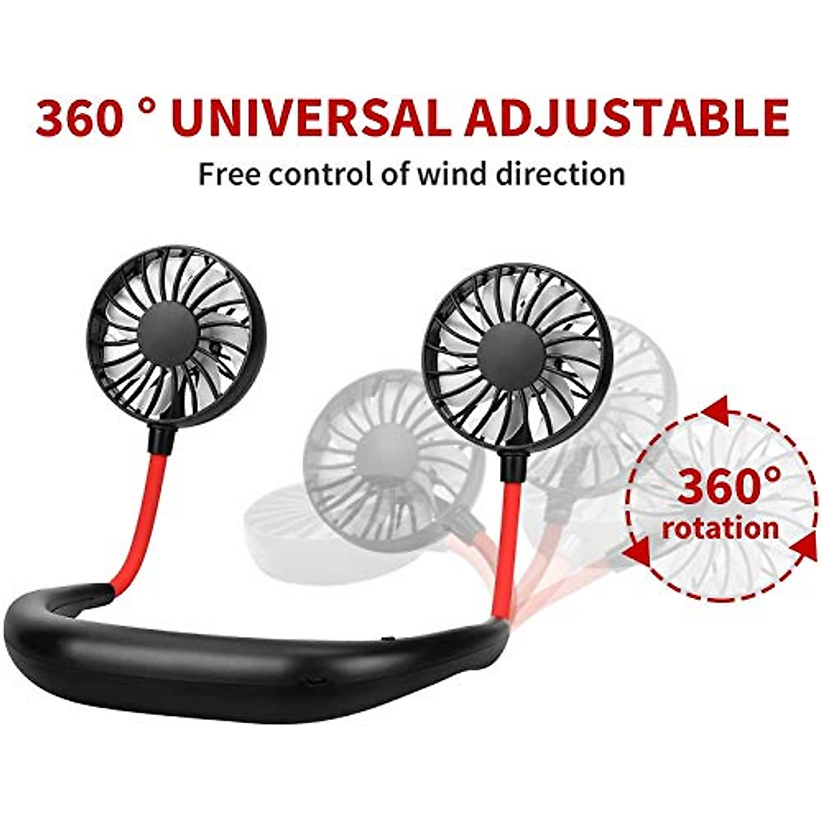 YJCloud Neck Fan,Hand Free Portable fan,Usb Portable Battery Operated Personal fan,Hanging neck fan with mini Rechargeable LED,Neckband fan/Wearable fan for Traveling Outdoor Office,Black