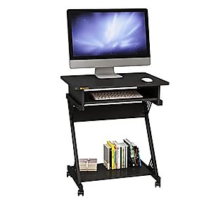 ALISENED Computer Desk for Small Spaces,23.6" Z-Shaped Compact Study Table with Smooth Keyboard Tray,with Wheels and Bottom Shelves for Home Office，Computer Cart Mobile Laptop Cart