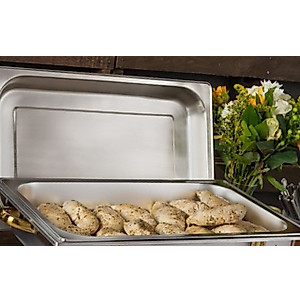 TrueCraftware- 8 Qt. Stainless Steel Full Size Continental Chafing Dish Brass Accent Complete Set- Food Warmer Chafers and Buffet Warmer Sets for Catering Event Party Holiday Buffet Weddings Catering