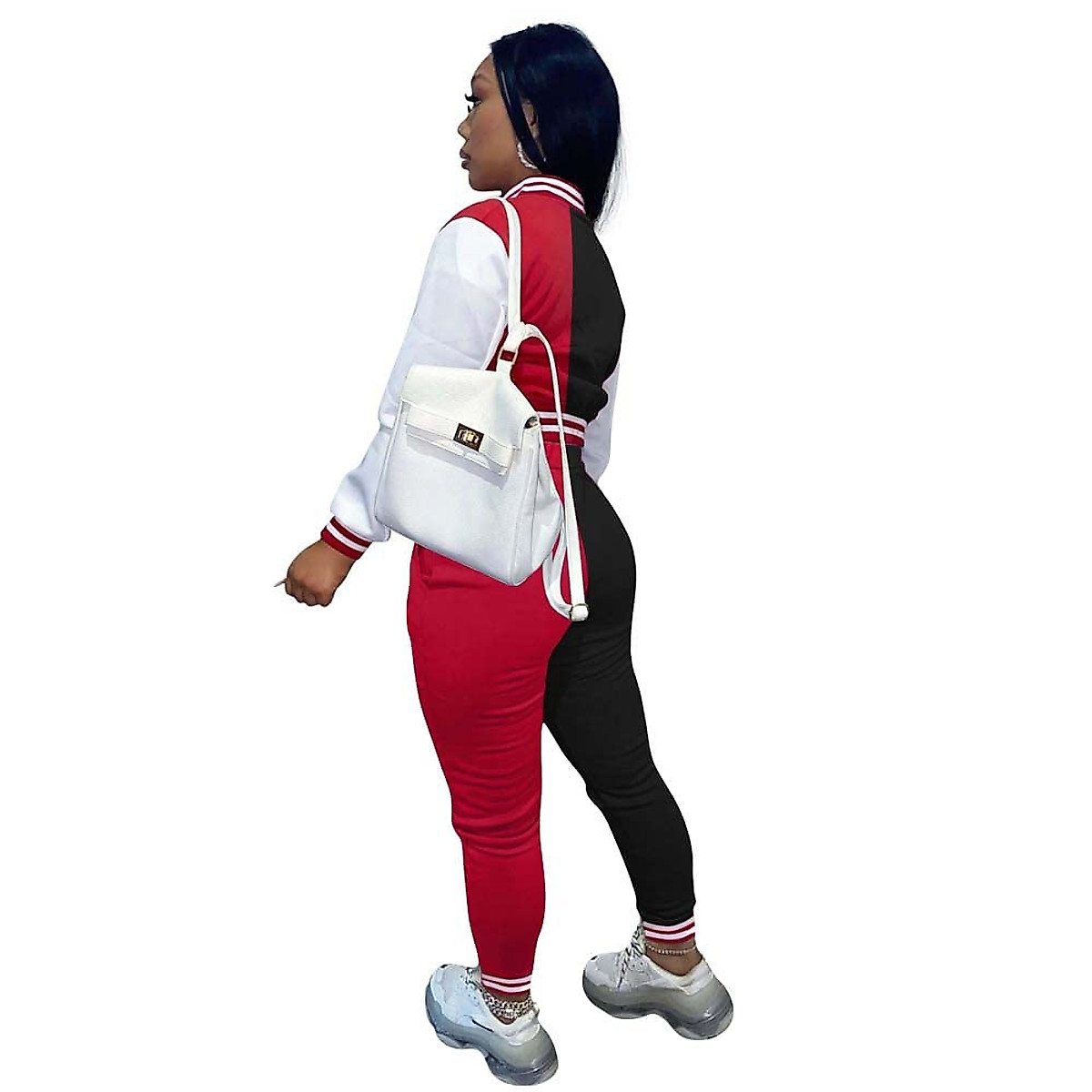 ANICECUT Sweatsuits for Women Set 2 Piece Long Sleeve Patchwork Button Down Varsity Jacket Sweatpant Workout Tracksuit Black Red XL