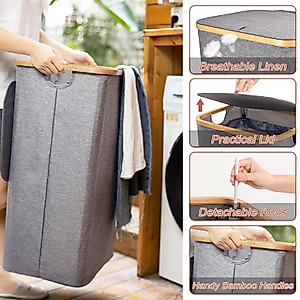 FairyHaus Laundry Basket with Lid, Freestanding Large Laundry Hamper with Lid, Removable Bag & Support Rods, Collapsible Dirty Clothes Hampers for Laundry with Easy Carry Bamboo Handles, Tall, Grey