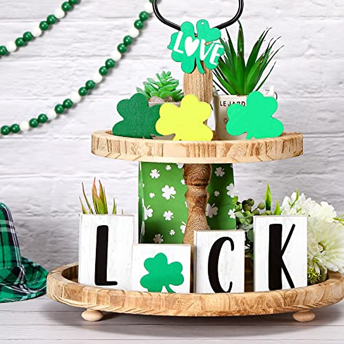7 Pcs St. Patrick’s Day Tiered Tray Decor Lucky Shamrock Table Wooden Signs Lucky Letter Sign Freestanding Wooden Luck Blocks Shamrock Wood Letters Block for Irish Home Party Decor