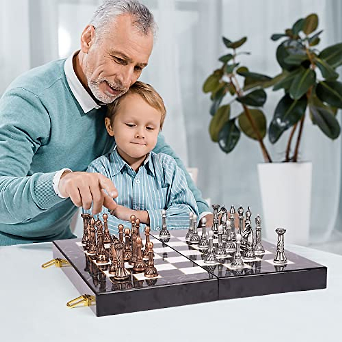 Retro Metal Chess Set for Adults and Kids – Marbling Chess Board with Chess Pieces – Travel Chess Set with Metal Pieces – Folding Chessboard – Ideal for Beginners and Professional Players…