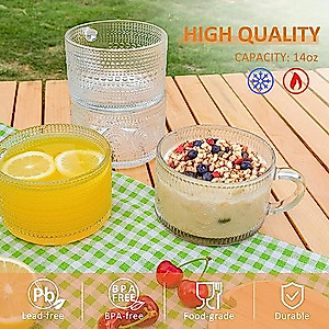 Qmioti Vintage Glass Coffee Mugs 4 Pack, 14 oz Glass Coffee Tea Cups with Lid and Golden Spoons, Clear Embossed Glass Cup Sets for Latte, Cereal, Cappuccino, Yogurt, Milk, Beverages and Cute Gifts
