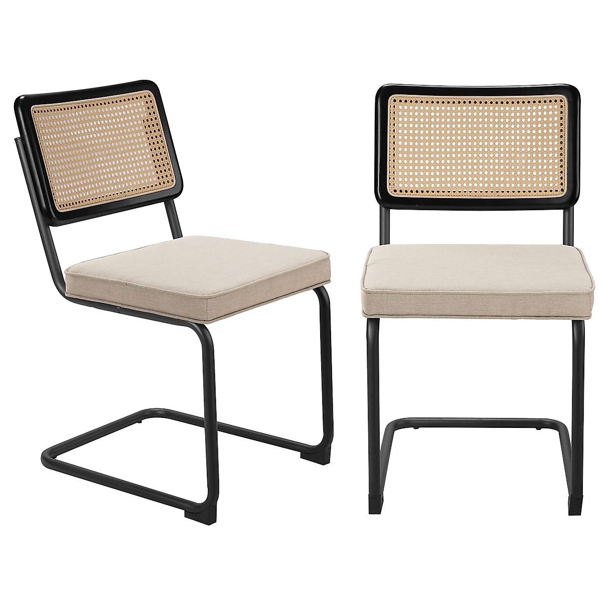MeetLeisure Patio Dining Chair Set of 2 with Cushion for Outdoor Mid-Century Modern Chairs with Metal Chrome Legs, Armless Mesh Back Cane Chairs, Home Dining Accent Chairs, Beige