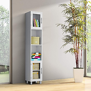 Tangkula Tall Bathroom Cabinet, Home Living Room Wood Storage Cabinet Free Standing w/ 4 Shelves and 2 Glass-Paneled Doors Suitable Tall Bathroom Cabinet