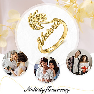 Personalized Name Ring for Women, Custom Adjustable Birth Flower Ring with Names Promise Birth Flower Ring for Her Gift for Women BFF (Gold)