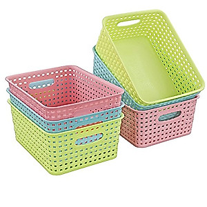 EudokkyNA Small Colored Storage Basket, Plastic Weave Basket Set of 6