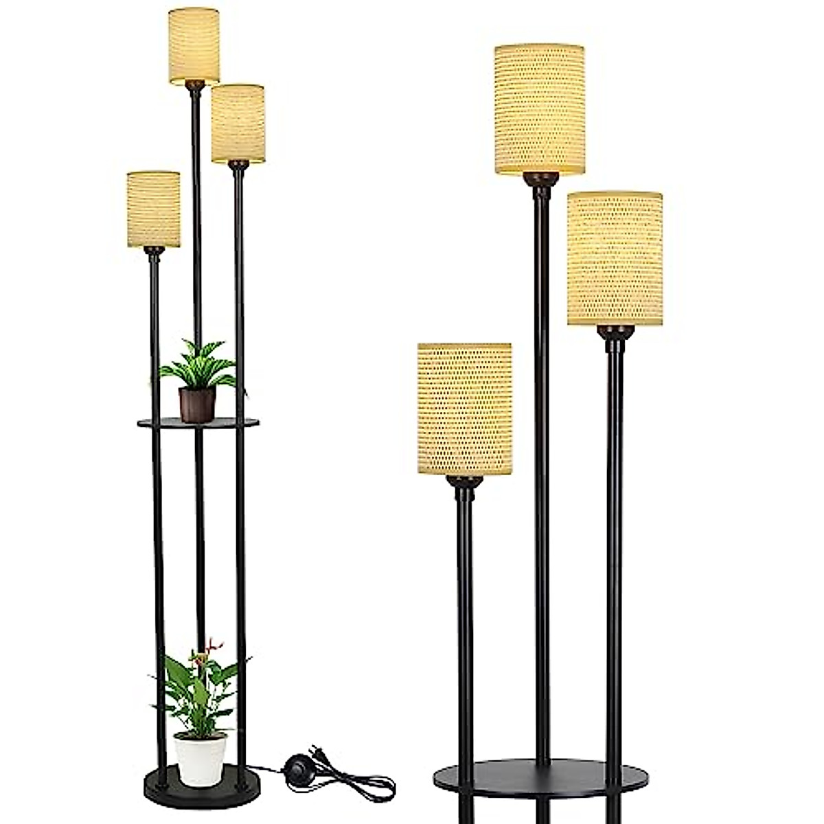 Boho Floor Lamp with Shelves, Black Floor Lamp with Hand-woven Shade, 3-Lights Corner Display Standing Lamp, Farmhouse Rustic Floor Lamps For Living Room, Bedroom, Office, Metal Tall Lamp for Reading
