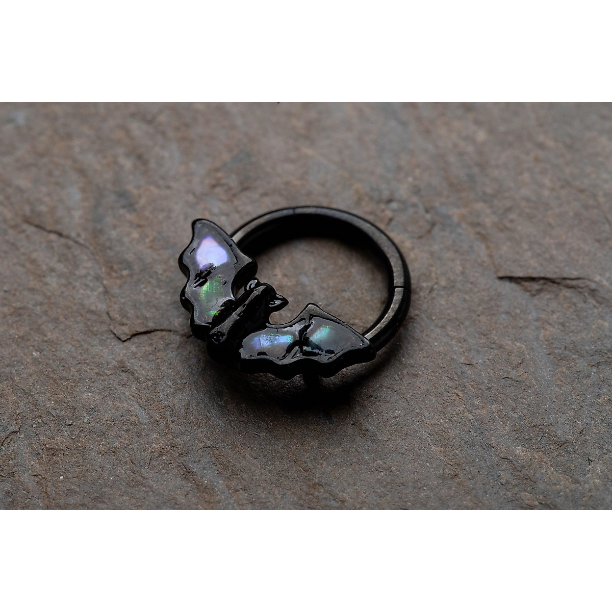 Pierced Owl 16GA Precision All 316L Stainless Steel Bat with Abalone Shell Wings Hinged Segment Ring (Black)