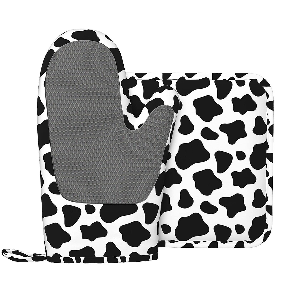 Oven Mitts and Potholders Cow Prints Silicone Glove Heat Resistant, Kitchen Gloves for Cooking, 2-Piece Set