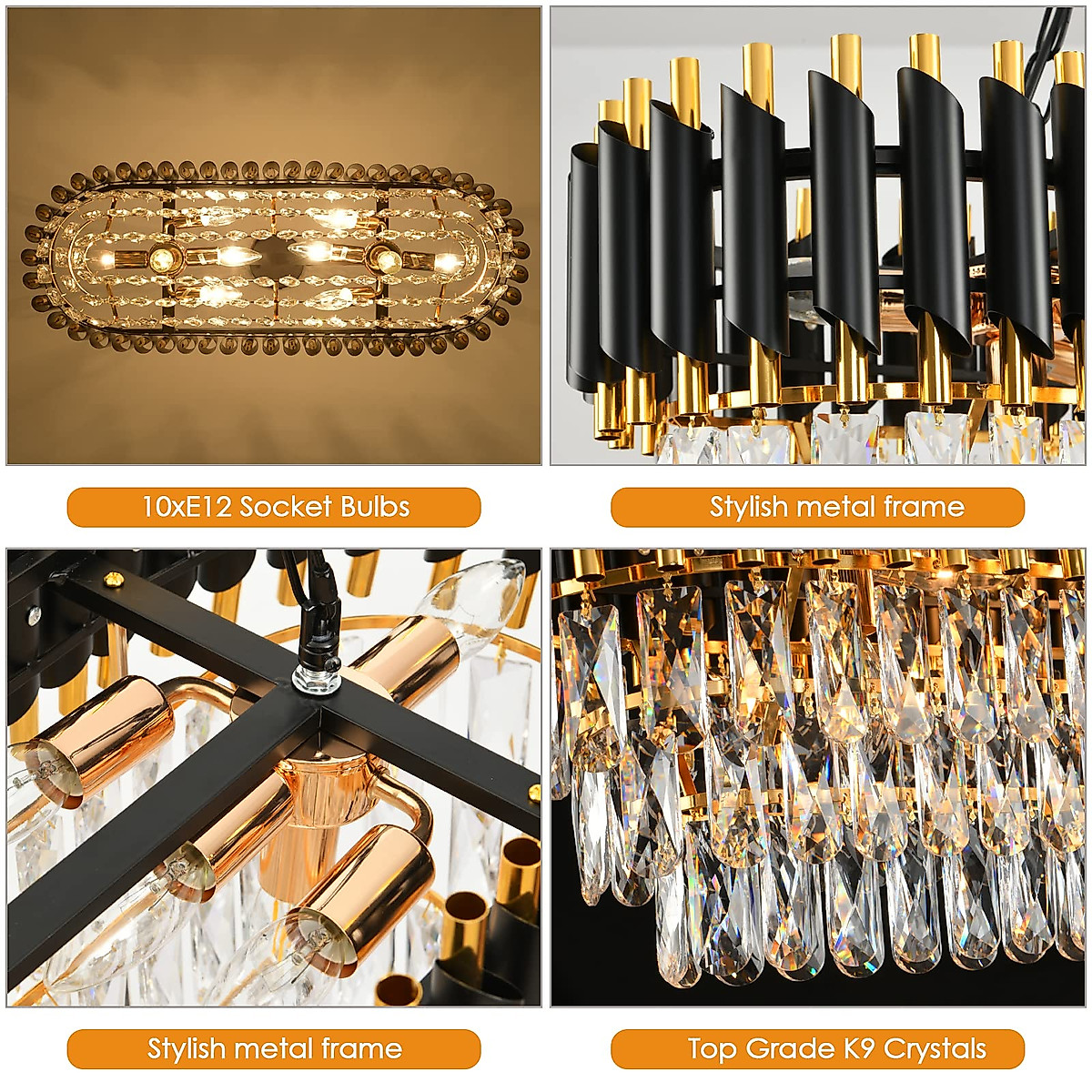 AKDXIRUN Modern Crystal Chandeliers for Dining Room 8-Light Black and Gold Chandelier Living Room Oval Contemporary Ceiling Hanging Light Pendant Light Fixture for Kitchen Island Bar L32 inch