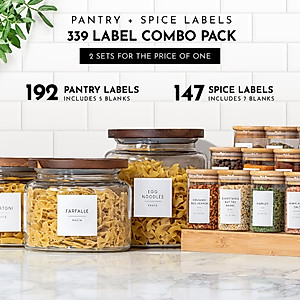 Pantry and Spice Container Labels Combo Pack: 2 in 1 Set of 339 Minimalist Spice Jar & Pantry Stickers for Kitchen Organization, Preprinted Waterproof Food Seasoning Storage Canister Organizing Label