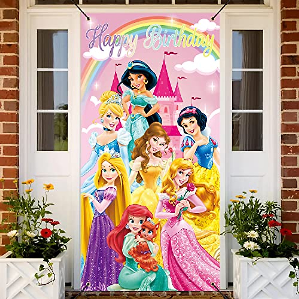 Princess Girls Birthday 36x72inch Door Cover Banner Cartoon Princess Pink Rainbow Castle Party Porch Sign Decor Kids1st 2nd Happy Birthday Indoor Outdoor Decoration Supplies