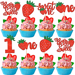 30 PCS Strawberry Sweet One Cupcake Toppers Glitter Berry Sweet 1st Birthday Strawberry Cupcake Picks for Fruit Theme Baby Shower Kids First Birthday Party Cake Decorations Supplies Red
