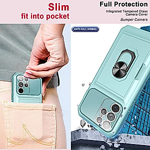 WATEFULL Samsung Galaxy S23 Ultra Case - Teal Wallet Card Holder with Kickstand & Camera Cover
