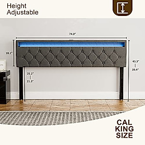 IKIFLY Upholstered California King Size LED Headboard with LED Lights & 2 USB Ports - Adjustable Height - Button Tufted Linen Fabric Padded Headboard Only, Easy Assembly - Dark Grey/Cal King