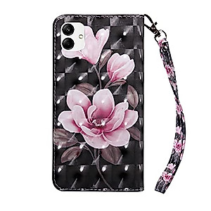 OOPKINS Compatible with Samsung Galaxy A04 Case,3D Effect Painted PU Leather Wallet Case with Wrist Strap Card Slots Shockproof Cover for Samsung Galaxy A04 Pink Flower Black BX