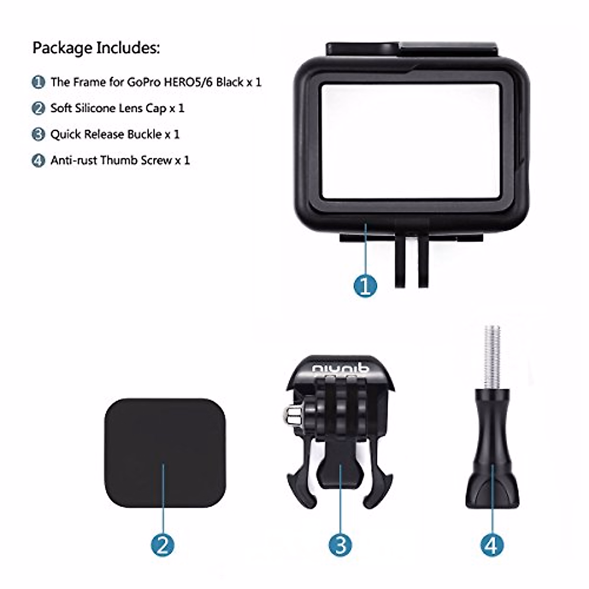 Frame Mount Housing Case for GoPro Hero 5/6/7 Black Action Camera - Protective Case with Quick Release Buckle, Long Thumb Bolt Screw, and Lens Cap - Black