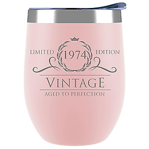 Sodilly 50th Birthday Gifts for Women, Vintage 1974 Stemless Wine Tumblers for Women, Wife, Mom, Friends, Sister, Turning 50 and Fabulous Birthday Gifts Wine Tumbler, 12oz Blush