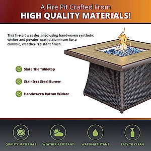 Kinger Home Elio Rattan 42-Inch Outdoor Patio Propane Gas Fire Pit Table with Tile Tabletop, CSA Certified 50,000 BTU Firepit, Brown Aluminum Frame