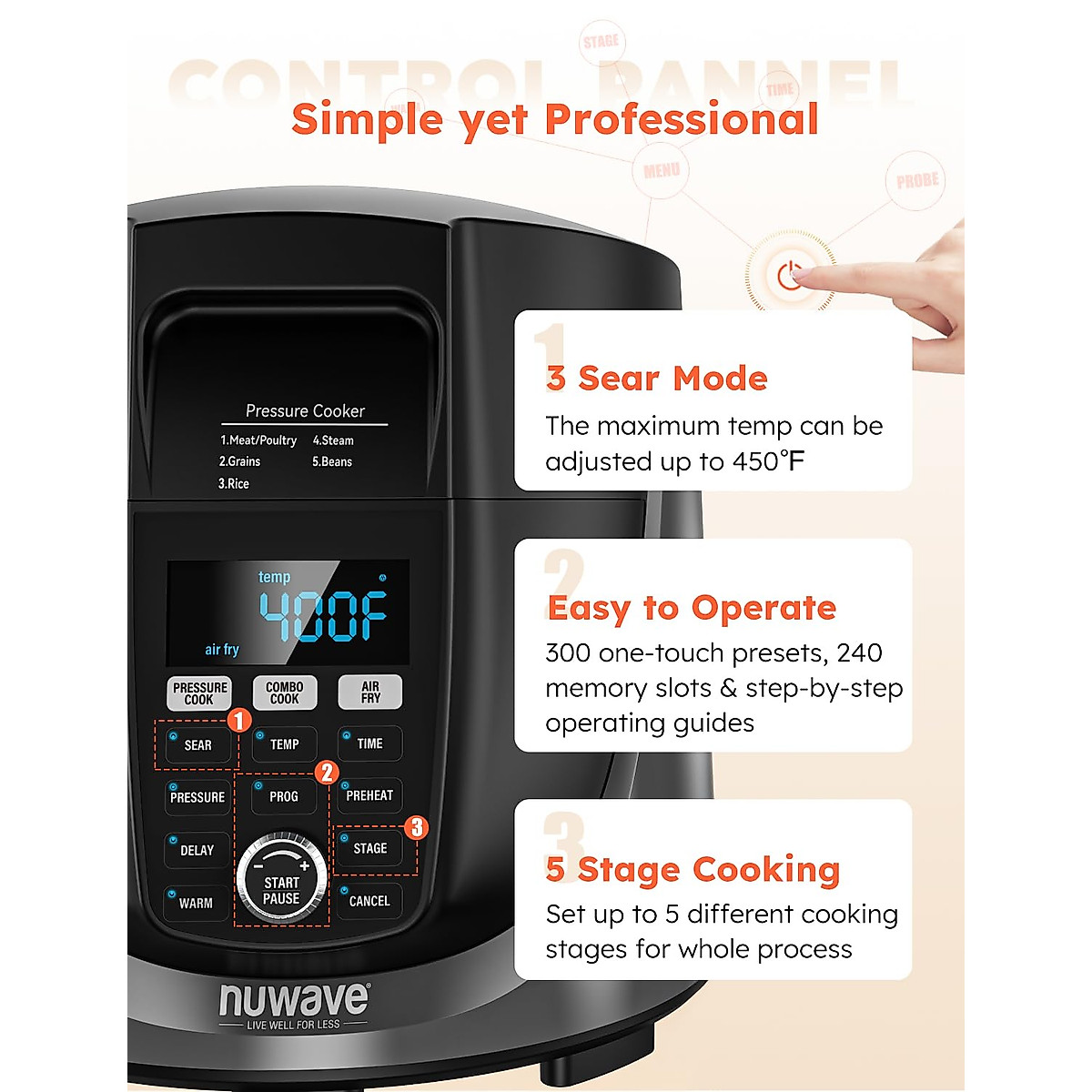 Nuwave Duet Air Fryer and Electric Pressure Cooker Combo with 2 Switchable Lids, 300 FoolProof One-Touch Presets, Crisp&Tender Tech, 6QT Heavy-duty Stainless Steel Pot, 15+ Safety Features, Max 105Kpa