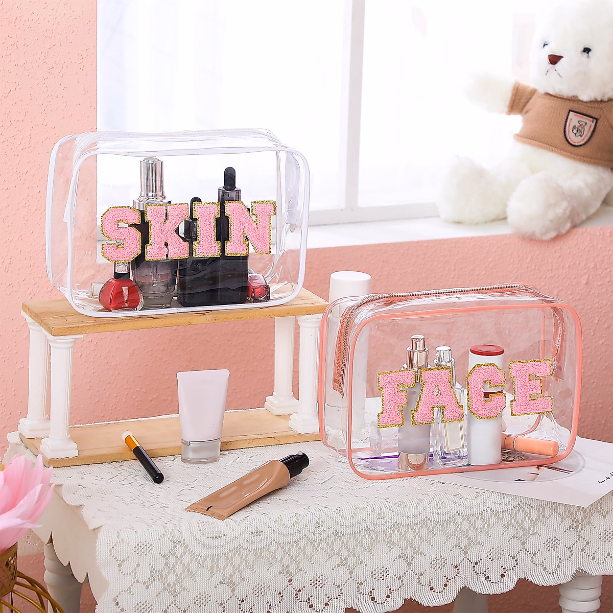 Sotiff 3 Pcs Preppy Clear Makeup Bags Chenille Letter Patch Pouch with Zipper Waterproof Cosmetic Toiletry Bag Transparent Toiletry Bags for Women Gift Bathroom Travel, Vacation(Stylish Style)