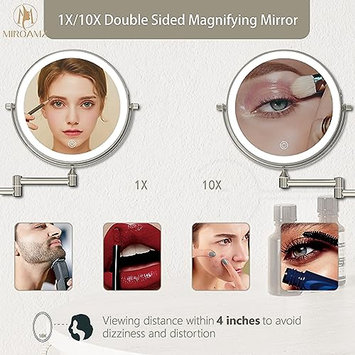 MIROAMZ Rechargeable Wall Mounted Lighted Makeup Vanity Mirror 8 Inch Double Sided 1X 10X Magnifying Bathroom Mirror, 3 Color Lighting, Touch Screen Dimming, 360 Rotation Shaving Mirror Brushed Nickel