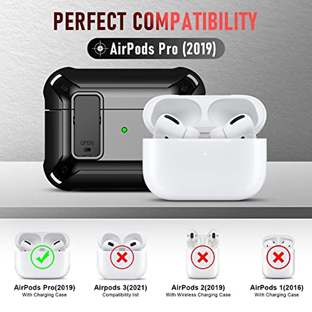 Samtec Airpod Pro 2 Case Cover 2022 with Secure Lock Clip, Military Armor Series Full-Body Rugged Hard Shell for Men Women with Keychain，Shockproof Protective Case for AirPod Pro 2nd Generation,Black