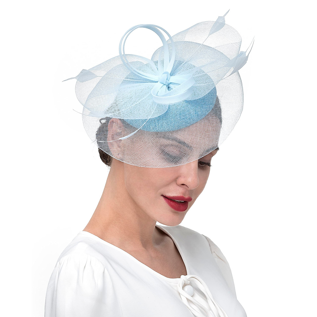 Zivyes Light Blue Tea Party Hat Feather Fascinators for Women Kentucky Derby Hats Wedding Church Pillbox Hat