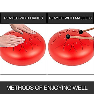 Happybuy Steel Tongue Drum 8 Notes 10 inches Mini Tongue Drum Red Handpan Drum Notes Percussion Instrument Steel Drums Instruments with Bag, Music Book, Mallets,Mallet Bracket