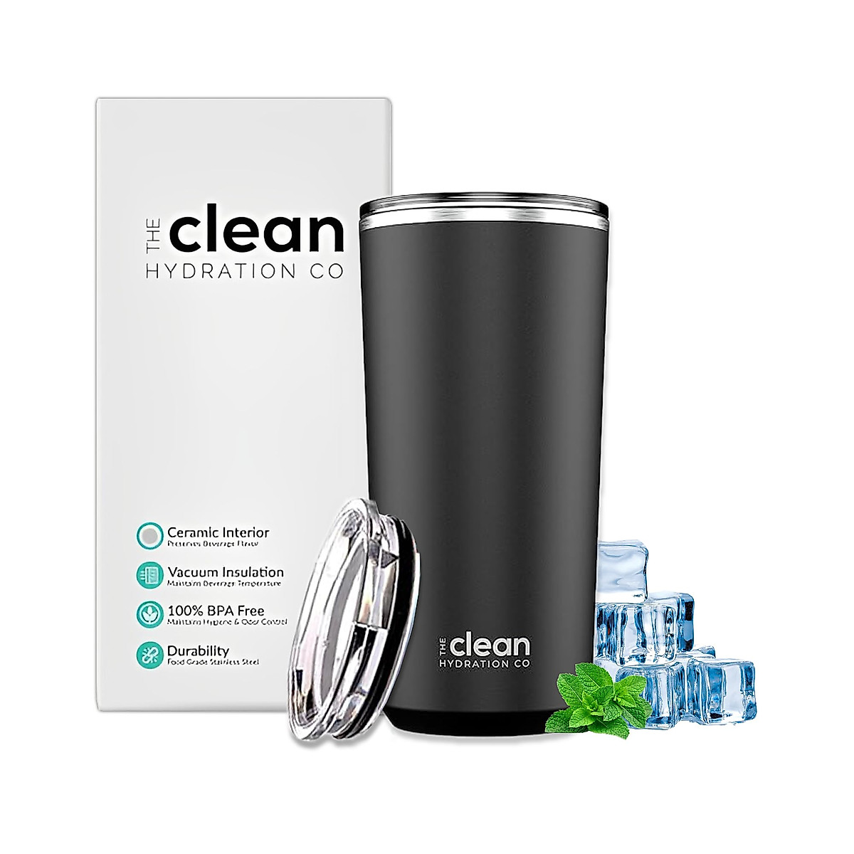 The Clean Hydration Company Tumbler Insulated with Lid, Double-Wall Vacuum, 20 Oz Travel, Office Tumbler, Hot & Cold Drinks, Ceramic Interior, Spill-Proof, BPA-Free, No Metal Taste