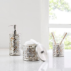 Madison Park Tesera Glass Bathroom Accessory Set, Stainless Steel Top, Handcrafted Mosaic Tiles, Vanity Décor, Lotion / Soap Dispenser with Pump, Tumbler, Covered Jar, Multi-Sizes, Silver/Gold 3 Piece