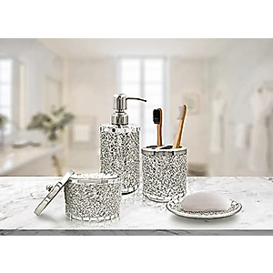 LushAccents Bathroom Accessories Set, 4-Piece Decorative Glass Bathroom Accessories Set, Soap Dispenser, Soap Tray, Jar, Toothbrush Holder, Elegant Silver Mosaic Glass
