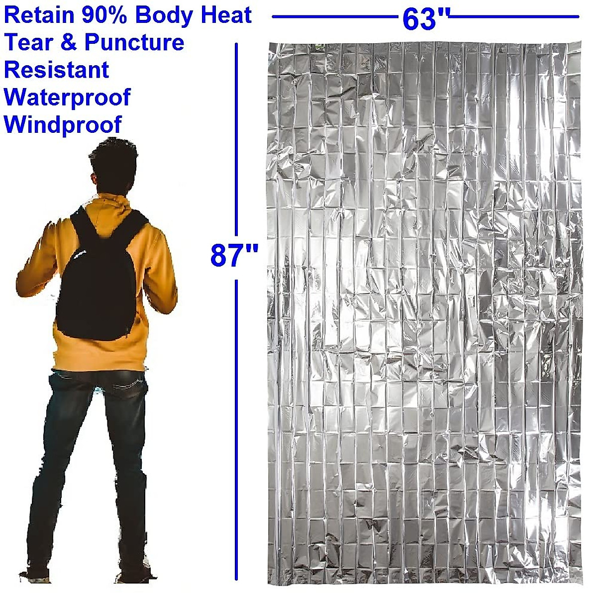 Leberna Emergency Blanket Survival Gear | Foil Mylar Thermal Blankets 63" x 87" inches (Pack of 10) | Big Double Sided Escape Tact Bivvy, | for NASA, Outdoors, Hiking, Space, Marathons First Aid Kit