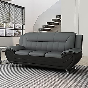 Container Furniture Direct Modern Style Faux Leather Sofa with Extra Comfortable Pillow Top Armrests Ideal for Living Room, Bedroom or Home Office Couch, 79.2’’ Wide, Grey/Black