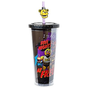 Silver Buffalo Five Nights at Freddy's I Survived Plastic Cold Cup with Lid and Topper Straw, 24 Ounces