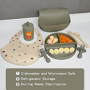 LITTLE RAWR Silicone Baby Feeding Set, Baby Led Weaning Supplies, Baby Spoons Suction Divided Plate Bib Cup, First Stage Solid Food Eating Utensils - 6+ Months(Green-Beige)