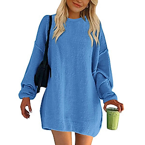 BTFBM 2025 Womens Sweaters Casual Crewneck Long Sleeve Oversized Sweater Dress Fall Winter Loose Slouchy Soft Pullover(Solid Blue, Large)