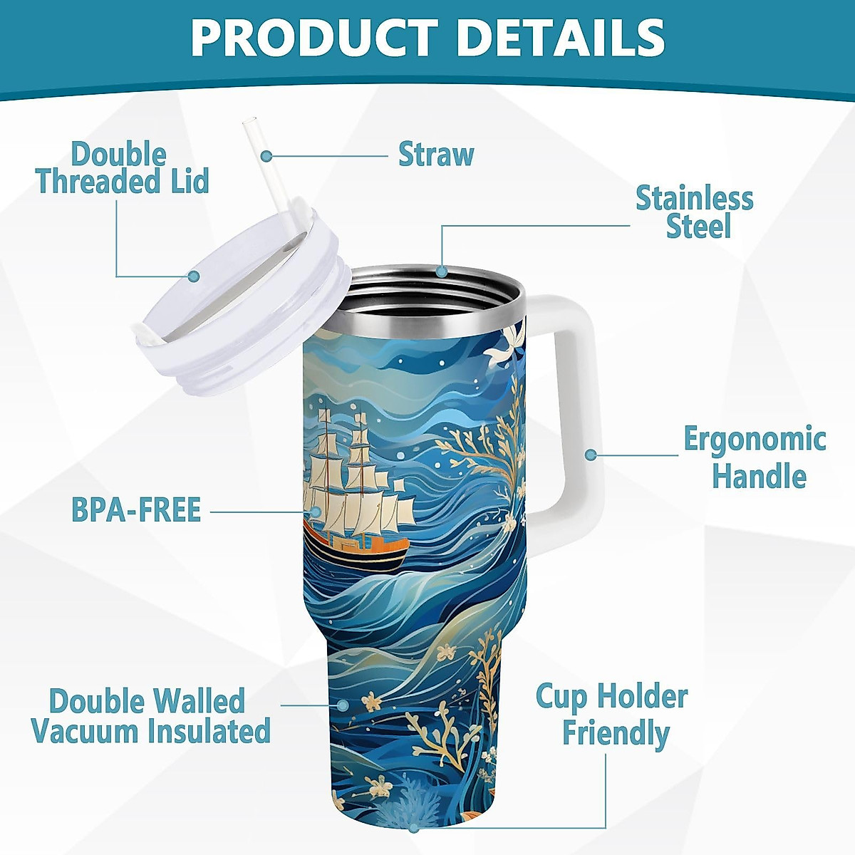 ARGTILDN 40 oz Tumbler Sea Sailboat Underwater World Insulated Travel Mug with Handle and Straw Lid Stainless Steel Vacuum Coffee Cup Tea Beverage Container Water Bottles for Car Sports office