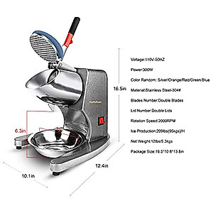Ice Shaver,Electric Ice Crusher,Snow Cone Maker For Commercial&Home,Dual Stainless Steel Blades Shaved Ice Machine,216Lbs/H,Dual Lips&Higher Ice Outlet For Plates,Bowls And Cups,300W/2000RPM.