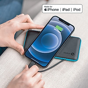 Ampere Really Good Power Bank - 10000mAh Portable Travel Phone Charger with Built-in Lightning Cable [MFi Certified] & Built-in USB-C Cable for iPhone, iPad & AirPods (Black/Teal)