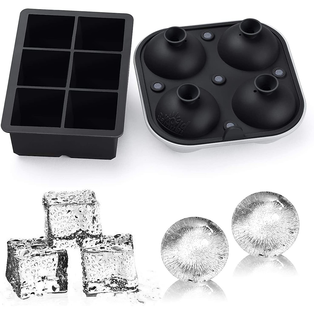 Samuelworld Large Silicone Premium Ice Trays, 2-Pack Combo, 2 Inches Big Ice Cube Tray & 2.5 Inches Large Ice Sphere - BPA Free, Craft Ice Maker for Gifting, Whiskey, Cocktails, Easy Release - Black