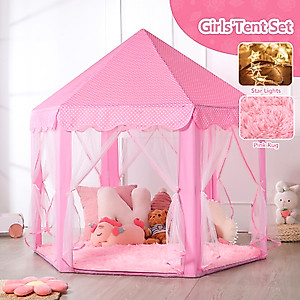 Senodeer Princess Tent for Girls Indoor: with Rug, Star Lights - Pink Play Tent for Kids, Girls Toys for Indoor and Outdoor Games, Princess Castle Playhouse