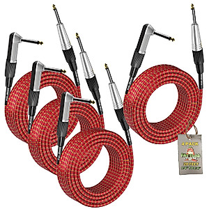 Fat Toad Guitar Cords (4 Pack) Right Angle to Straight-End Instrument Cable Tweed Cloth Jacket Braided Woven 20FT 1/4 Inch Jack TS for Electric Guitar, Bass, AMP | Shielded 24 AWG Patch Conductor