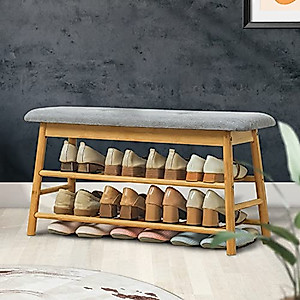MoNiBloom 2 Tier Shoes Bench, Bamboo Upholstered Shoe Rack Entryway Storage for High Heels Sneakers Sandals Slippers - Natural (6-10 Pairs)