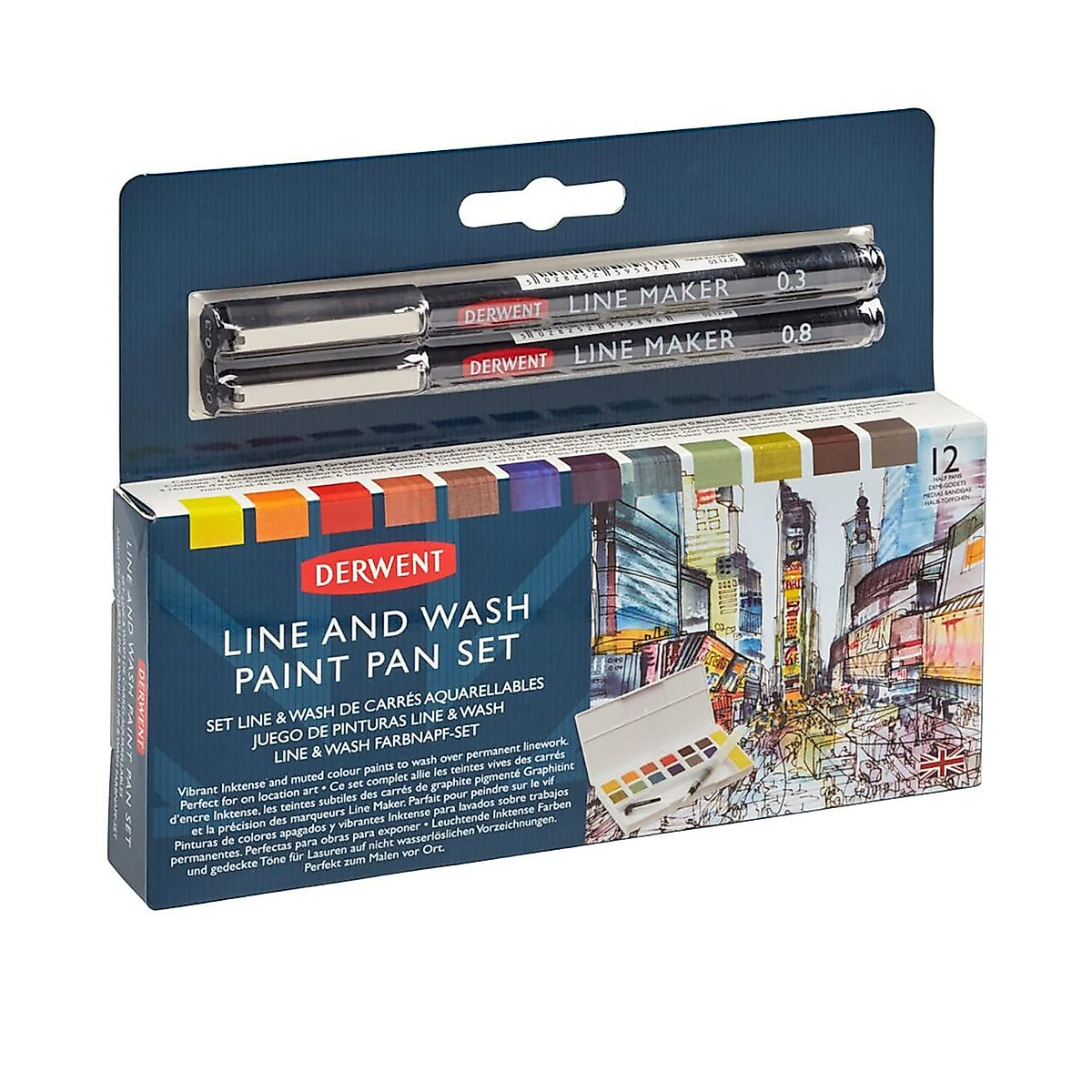 Derwent Line & Wash Paint Set, Professional Quality, Fine Line Pens, Inktense Colors, Art Supplies for Adults, Portable, Travel Set Includes 12 Paint Pans, 2 Line Makers, Mixing Palettes, Sponge