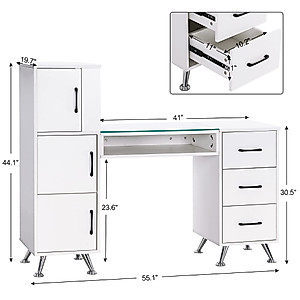 BarberPub Manicure Table, Nail Makeup Desk with Drawers, Storage Beauty Salon Workstation 2611 (White)