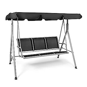 Vilobos Outdoor Patio Swing Chair, 3-Seater Porch Swing Bench with Adjustable Canopy and Duracble Metal Stand, Swing Set for Backyard, Porch and Garden, Black